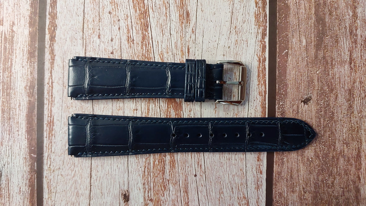 Navy Crocodile Leather Custom Notched Strap For Jlc Master Geographic