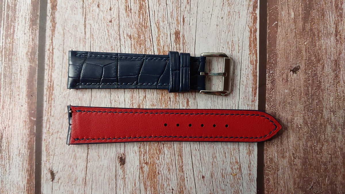 Navy Crocodile Leather Custom Curved End Watch Strap For Jlc Master Ca